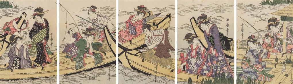 Okawa tsuri asobi Fishing in Okawa river pentaptych by Kitagawa Utamaro ...